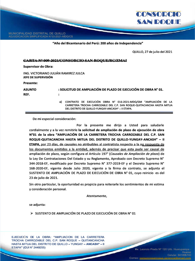 PDF Carta 009 Ampliacion de Plazo de Ejecucion de Obra 01 - Compress | PDF