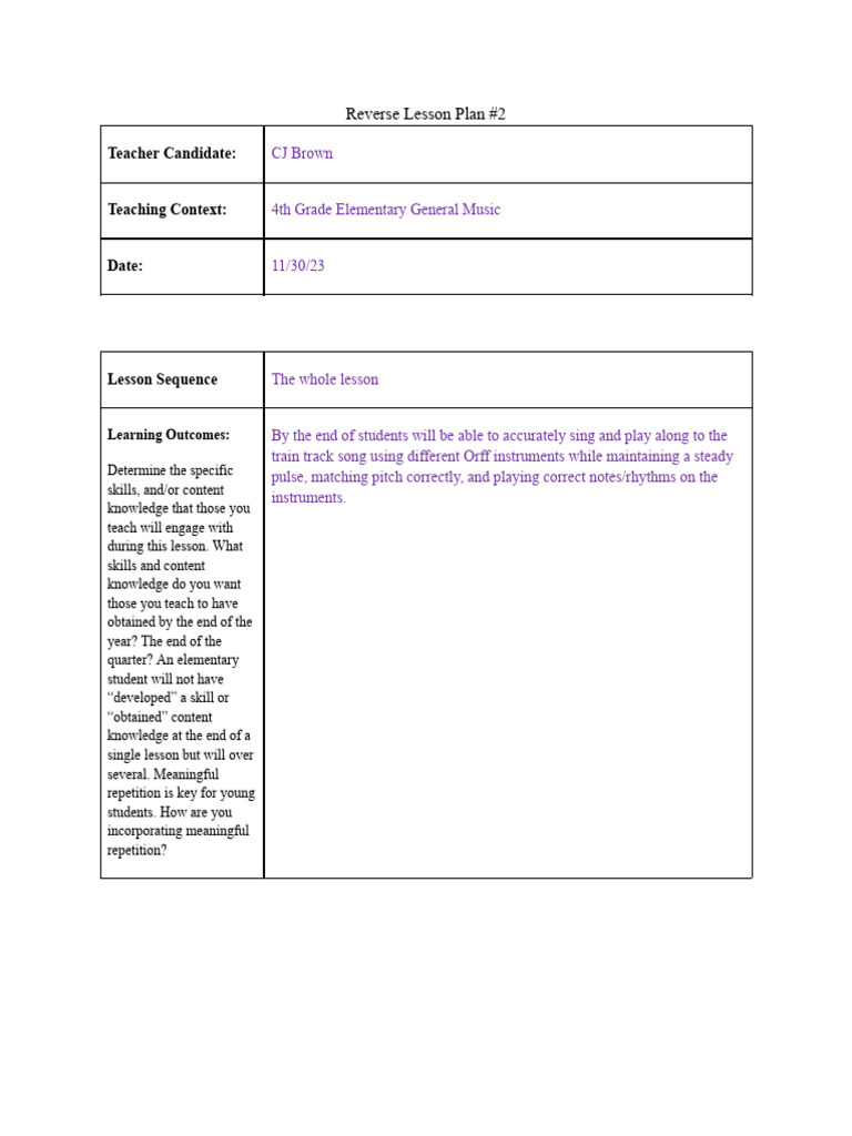 Reverse Lesson Plan 2 | PDF | Rhythm | Elements Of Music
