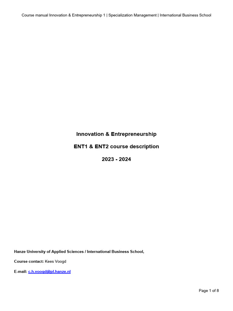 ENT1 + ENT2 Course Manual 2023 2024 | PDF | Entrepreneurship | Innovation