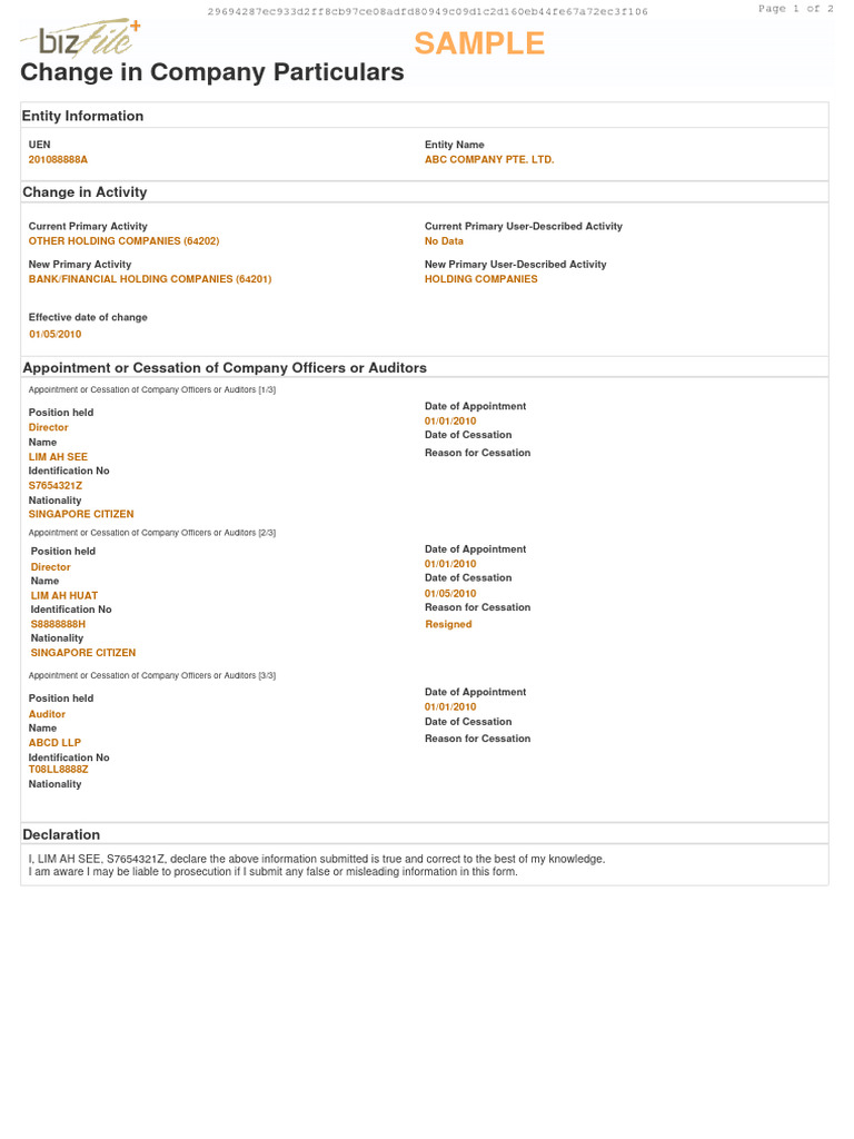 Sample: Change in Company Particulars | PDF | Financial Services | Business
