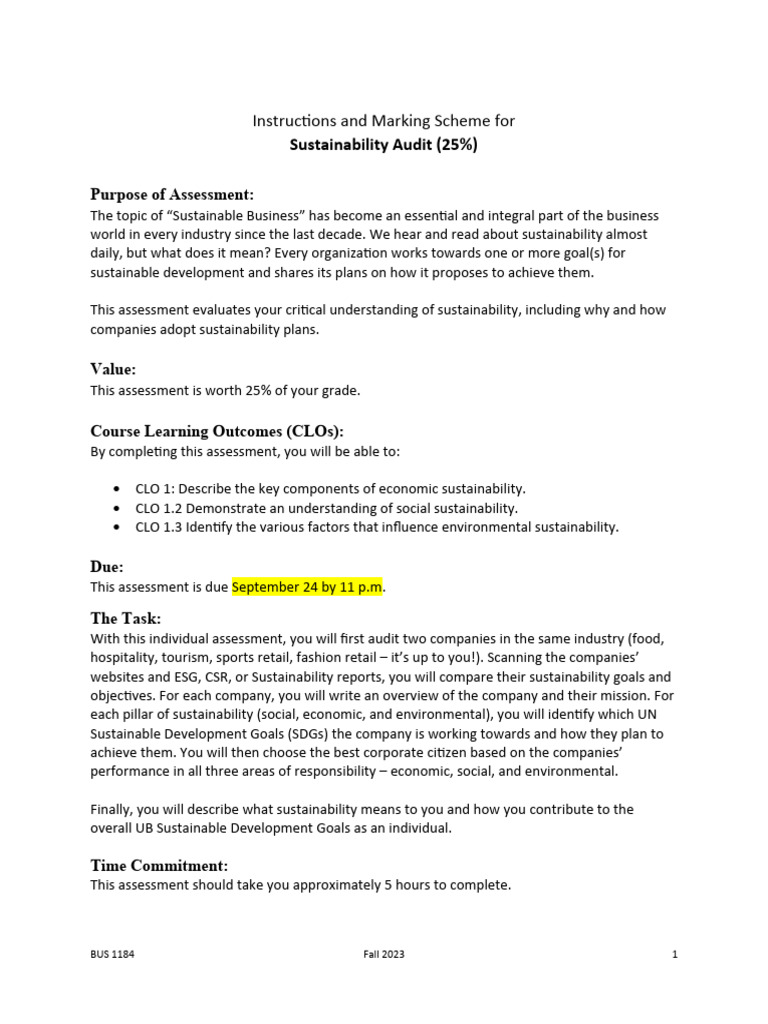 Instructions and Marking Scheme For Sustainability Audit (25% ...
