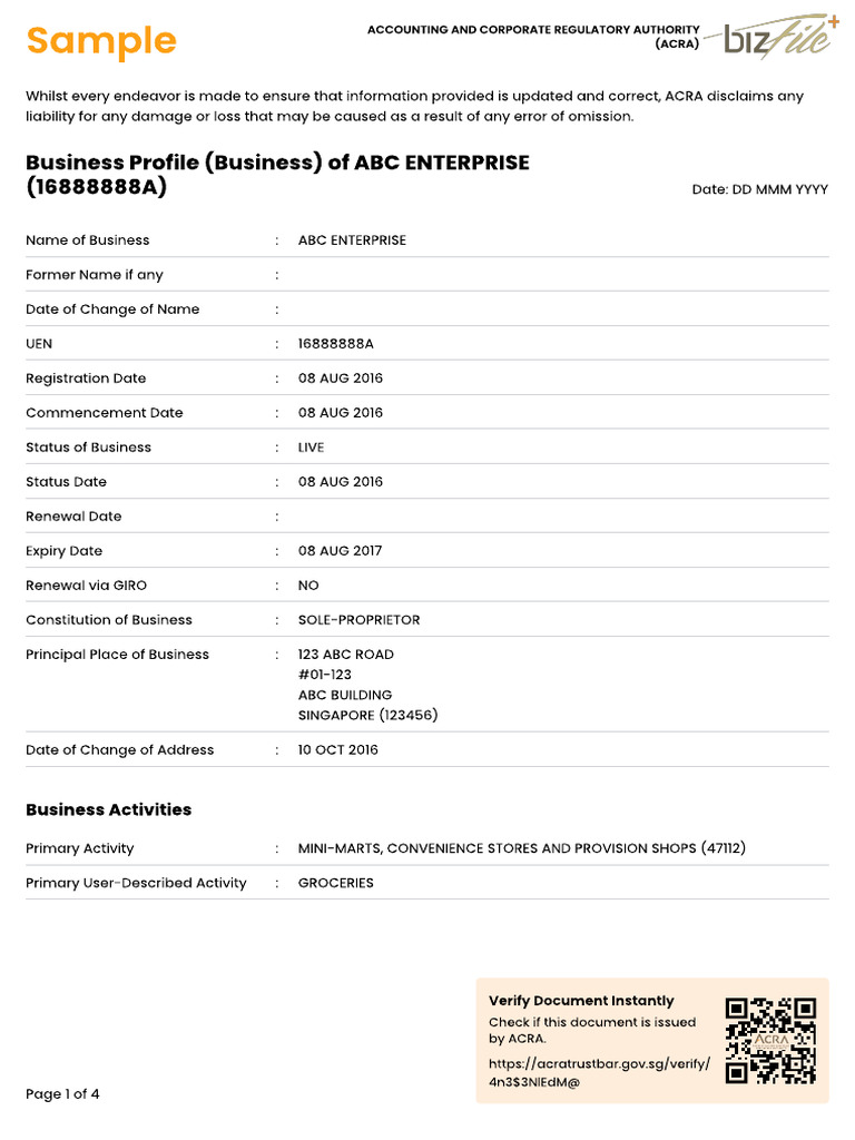 ACRA Business Profile of ABC Enterprise | PDF