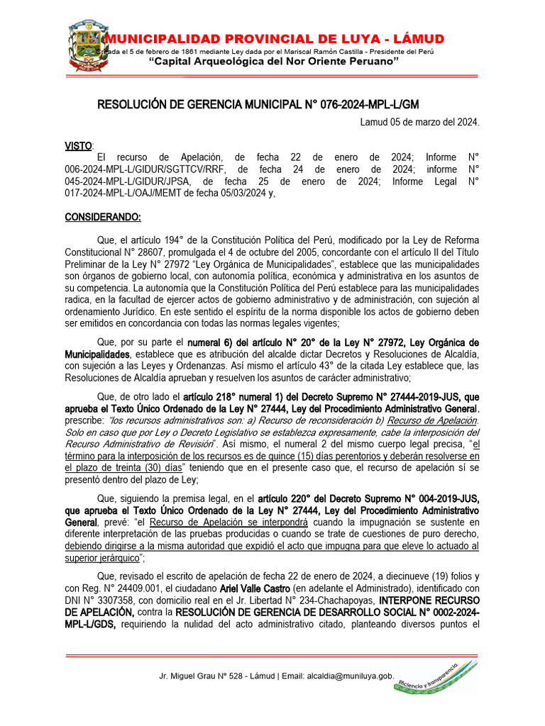 Apelación Procedente-Resol. #76-2024 | PDF | Apelación | Perú
