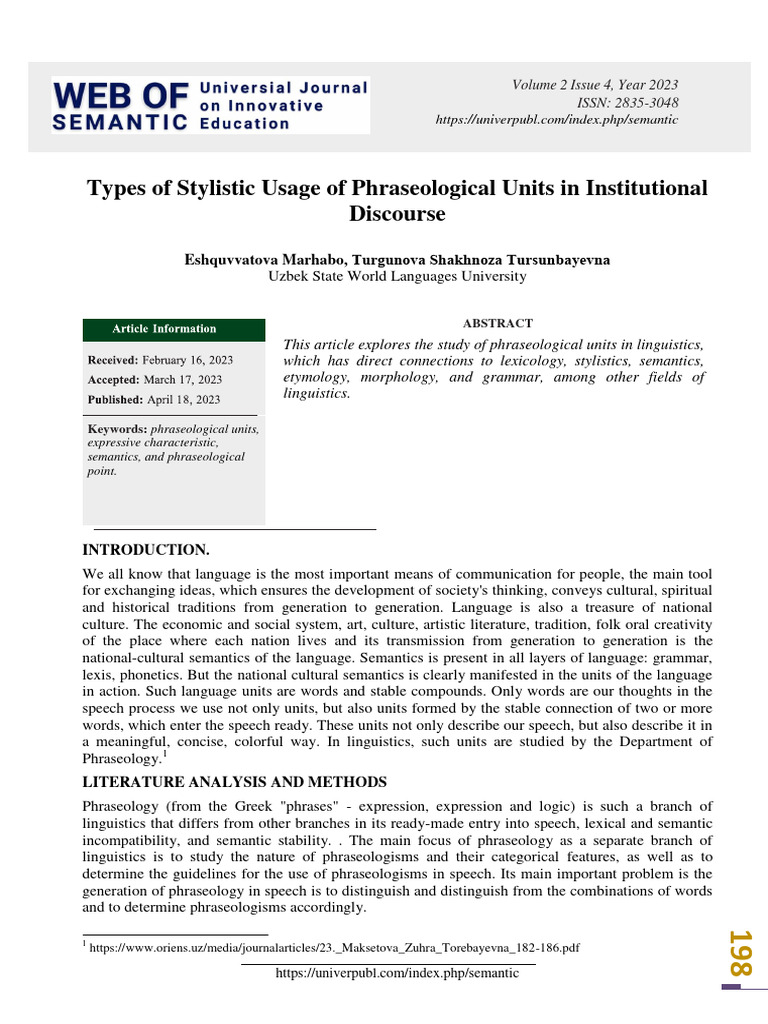 Types of Stylistic Usage of Phraseological Units in Institutional ...