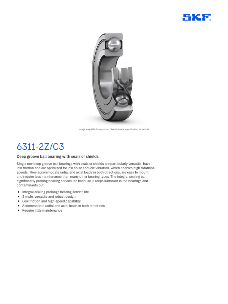 6311-2Z - C3 - Deep Groove Ball Bearings - SKF | PDF | Bearing ...