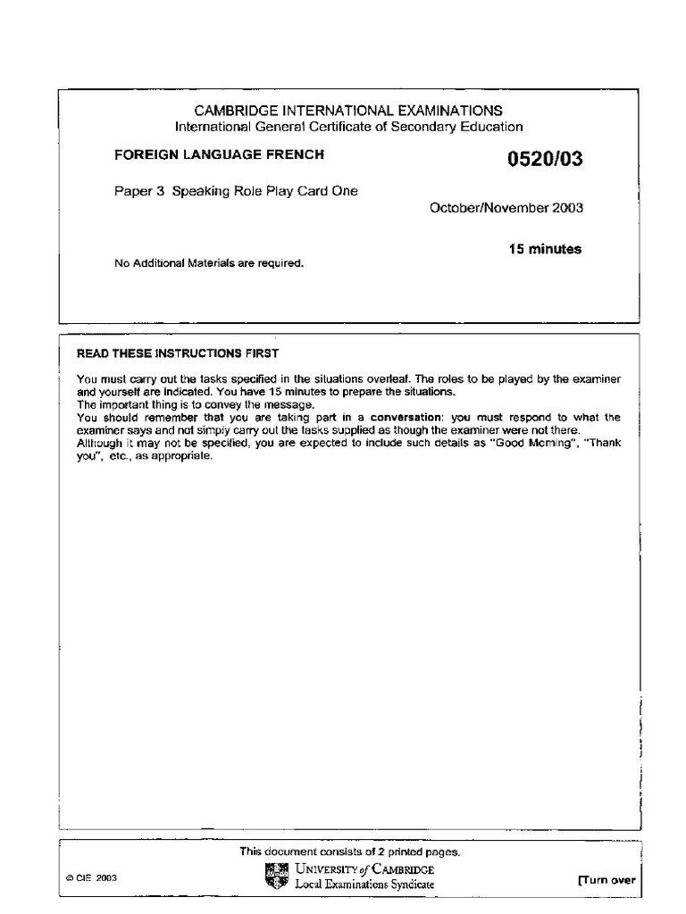 Cambridge IGCSE - French - June 2004 - Paper 3 (Role Play Card) | PDF