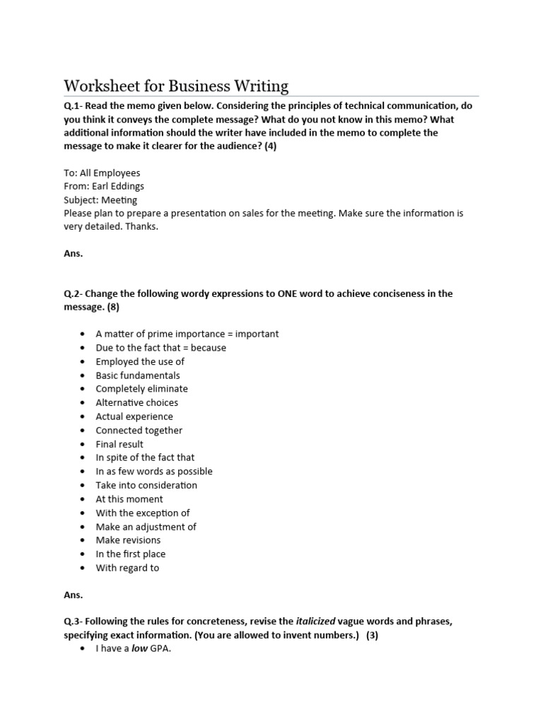 Worksheet On Business Writing | PDF | Word | Cognitive Science