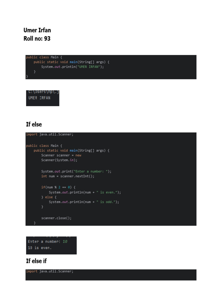 Umer Irfan Roll No: 93: Public Class Public Static Void | PDF | Computer Engineering ...