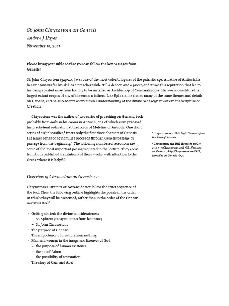 Genesis Handout On ST John Chrysostom | PDF | Creator Deity | Sermon