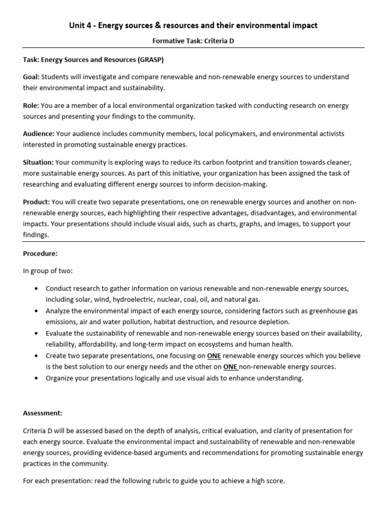 Y8 - Unit 4 - Renewable and Non - Renewable Energy | PDF | Energy ...