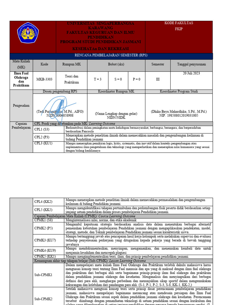 RPS Ilmu Faal Olahraga Dan Praktikum 2023 | PDF
