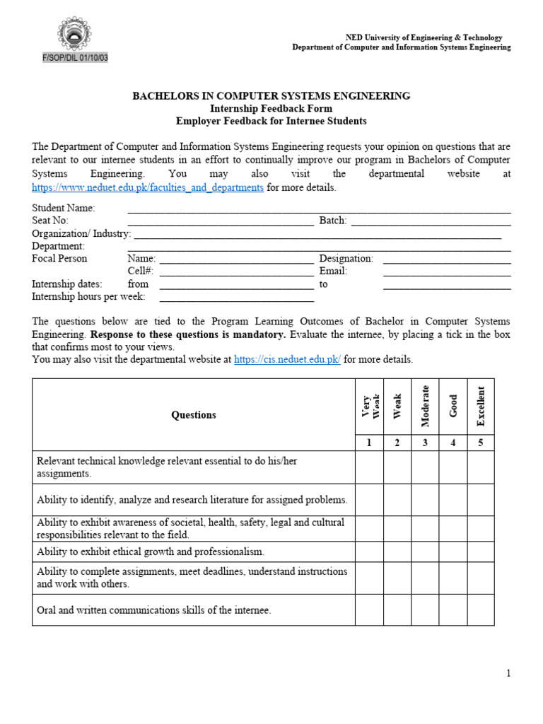 Appendix B1 - Internship Feedback Form | PDF | Engineering | Systems ...
