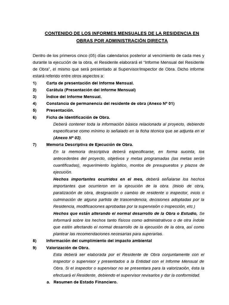 Contenido de Informe Mensual de Residente de Obra | PDF Contenido de Informe Mensual de Residente de Obra | PDF