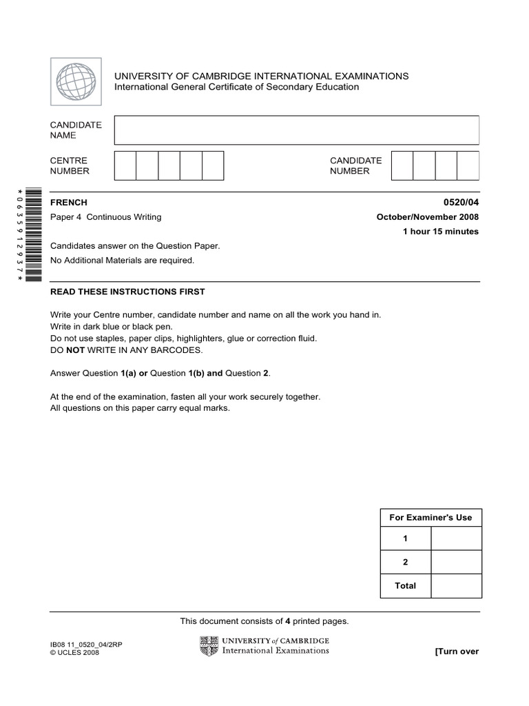 Cambridge IGCSE - French - November 2008 - Paper 4 | PDF