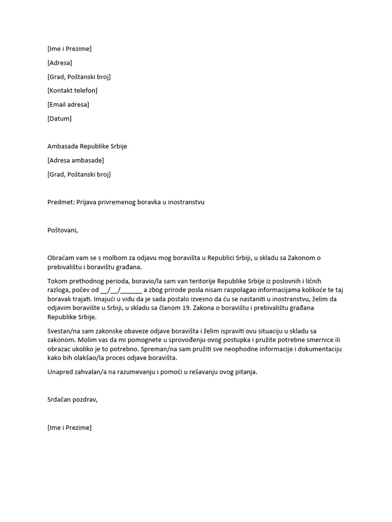 Prijava Privremenog Boravka Inostranstvu | PDF