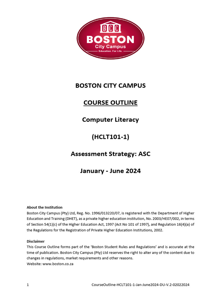 Computer Literacy Course Outline HCLT101-1 | PDF | Educational ...