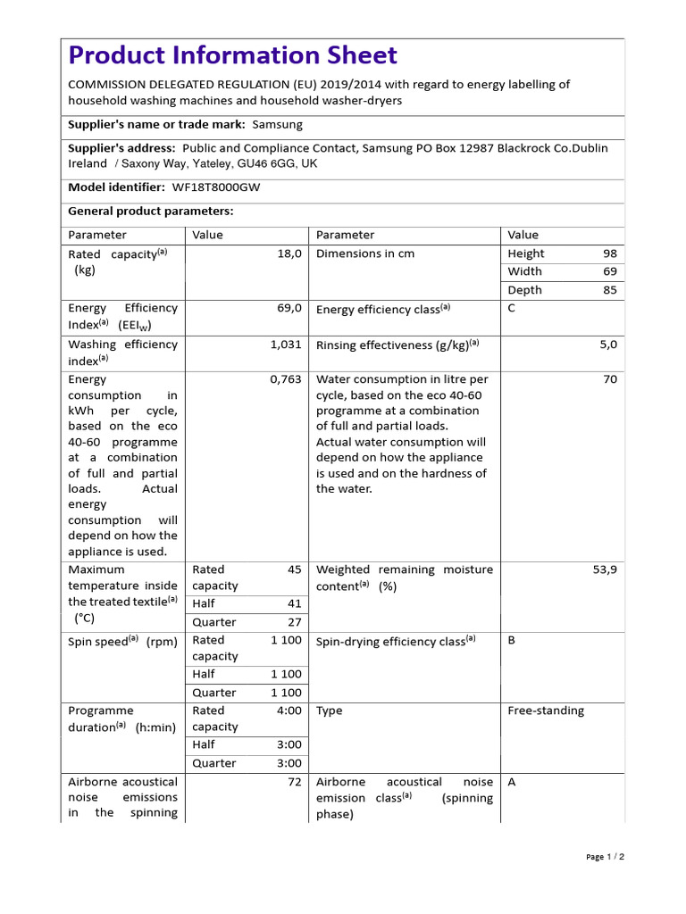 Common Energylabel Wf18t8000gw Ef Productfiche | PDF | Physical ...