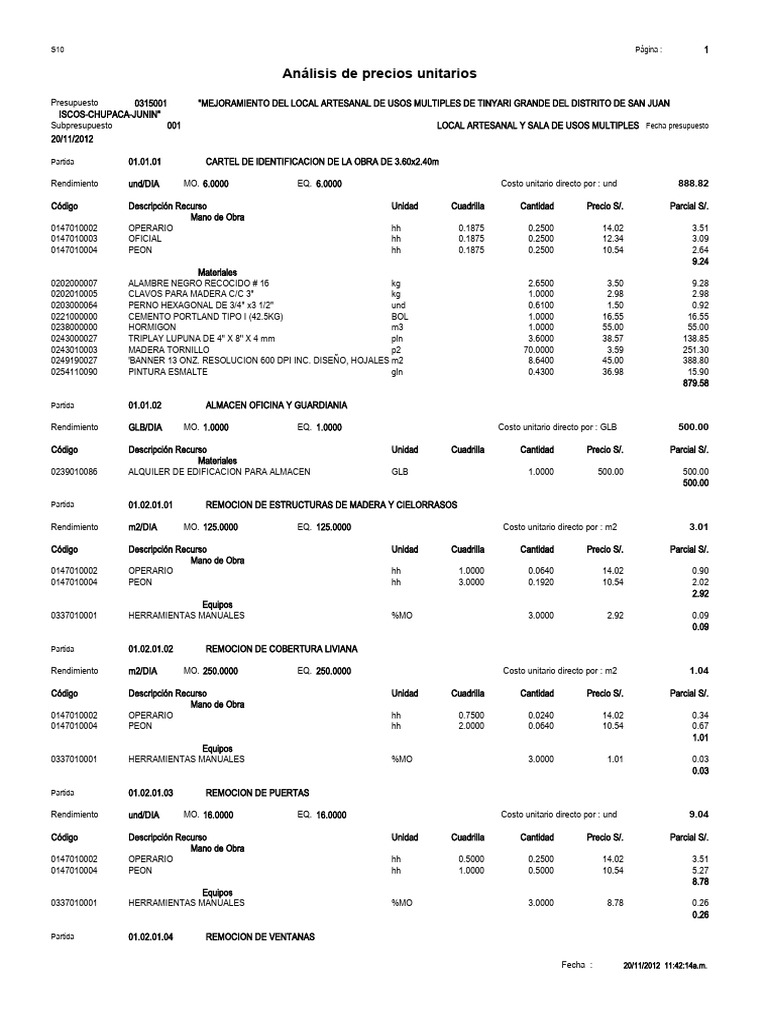 01 Análisis Costos Unitarios. | PDF | Hormigón | Construyendo tecnología