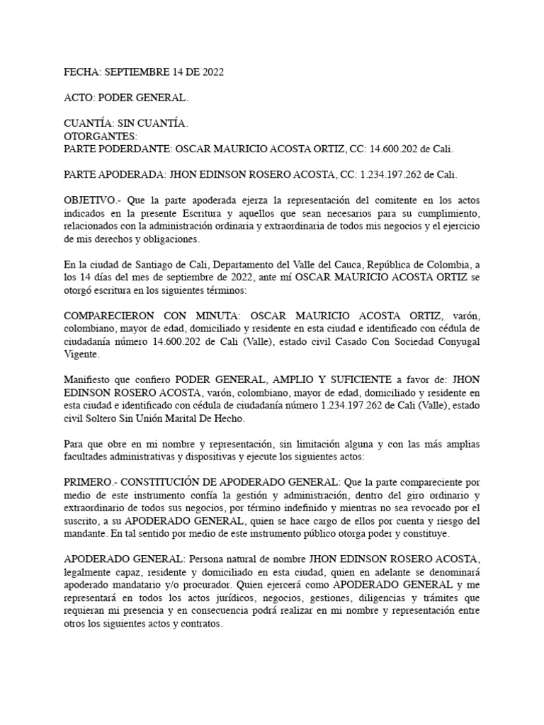 MINUTA PODER GENERAL | PDF | Propiedad | Derecho privado