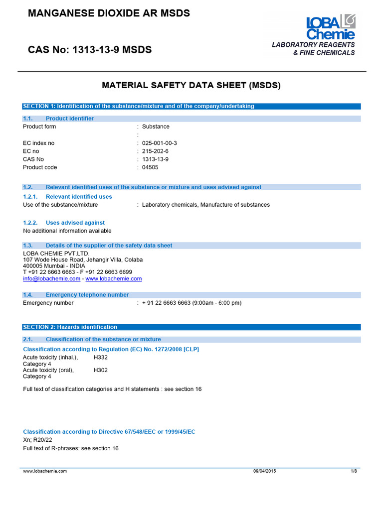 Msds Manganese Dioxide Casno 1313-13-04505 en - Aspx | PDF