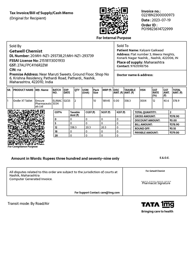 Tata 1MG Invoice | PDF