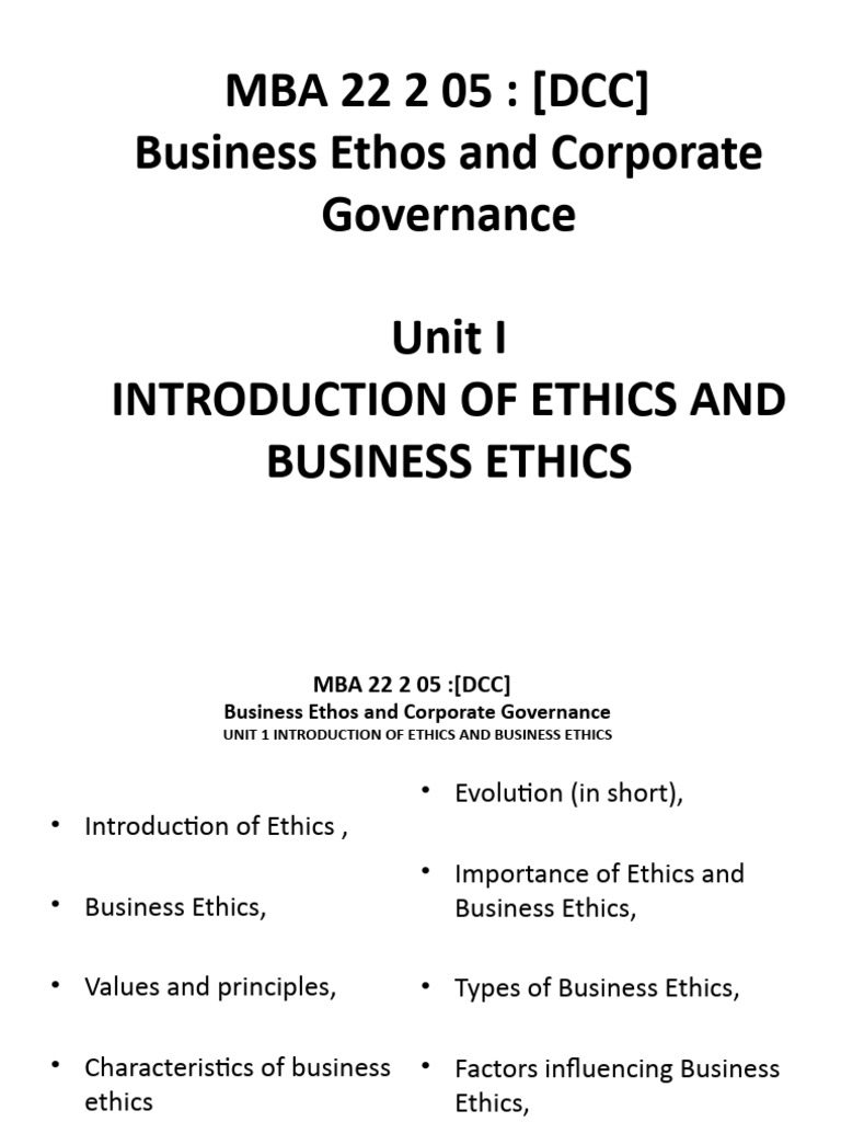 205 Business Ethos &corporate GovernanceUNIT I | PDF