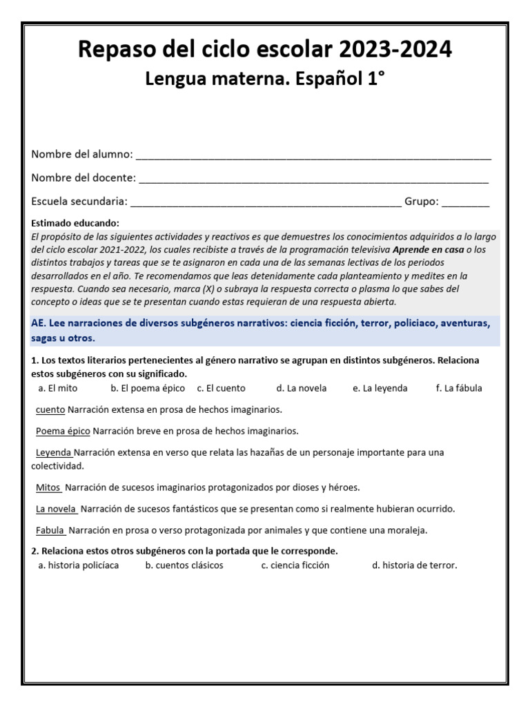 Repaso Final Español 1° Alumno | PDF | Evolución | Biodiversidad