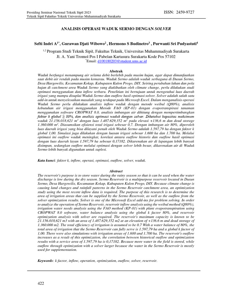 Analisis Operasi Waduk Sermo Dengan Solver: ISSN: 2459-9727 | PDF