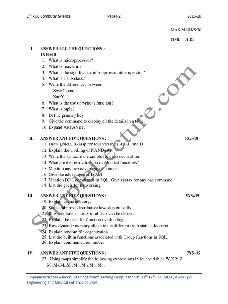 2nd PUC Computer Science Paper 2 | Download Free PDF | Sql | Function ...