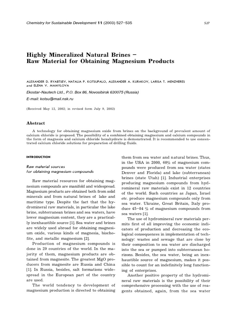 Highly Mineralized Natural Brines | PDF | Magnesium | Chemistry