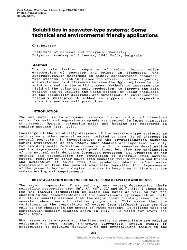 Solubilities in Seawater-Type Systems Some Technical and Environmental Friendly Applications ...