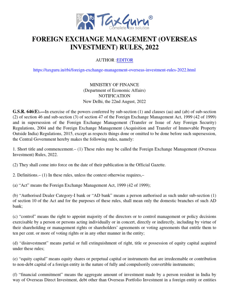 Foreign Exchange Management (Overseas Investment) Rules, 2022 - Taxguru - in | PDF | Securities ...