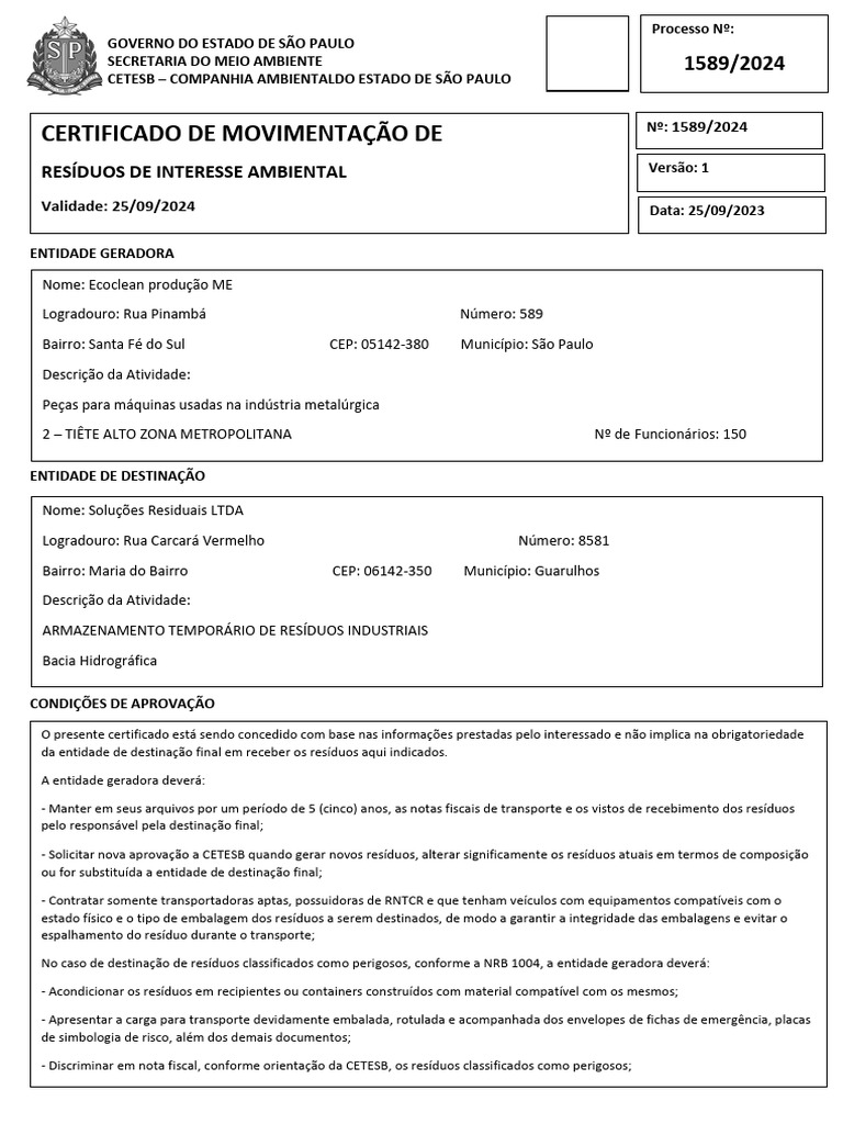 Modelo de Certificação CADRI - Resíduos | PDF | Desperdício | Embalagem ...