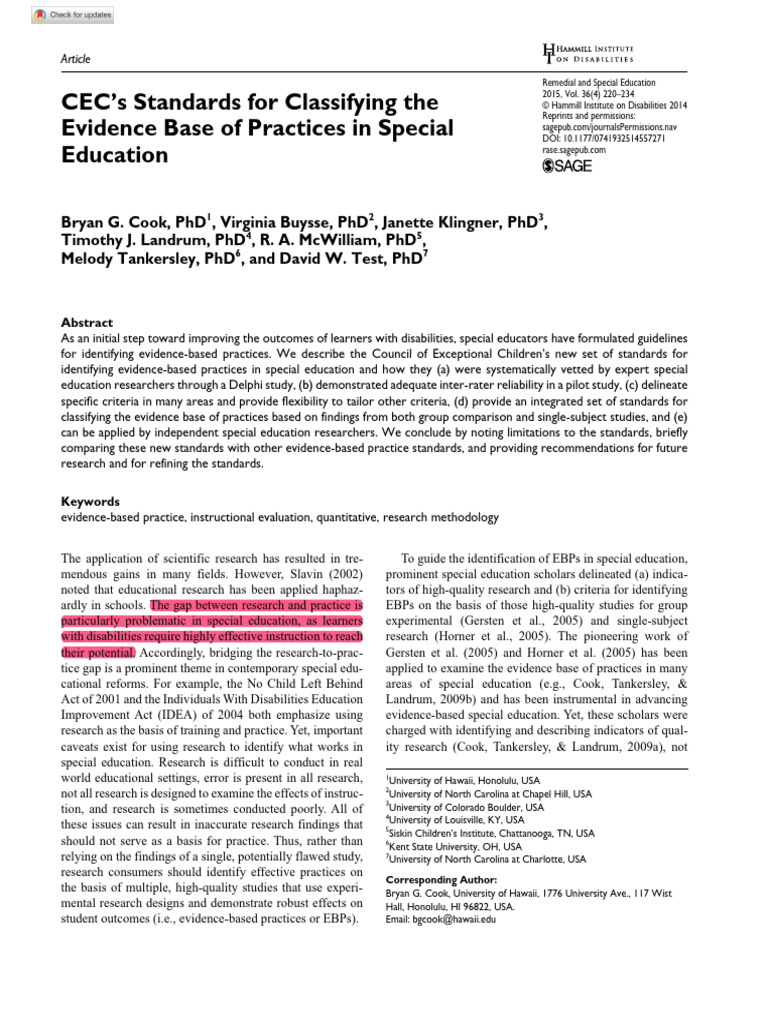 Cook Et Al. CEC EBP Standards 2014 | PDF