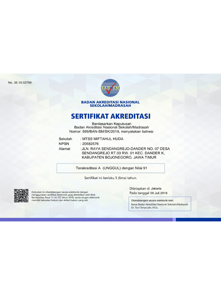 Sertifikat Akreditasi MTS Miftahul Huda | PDF