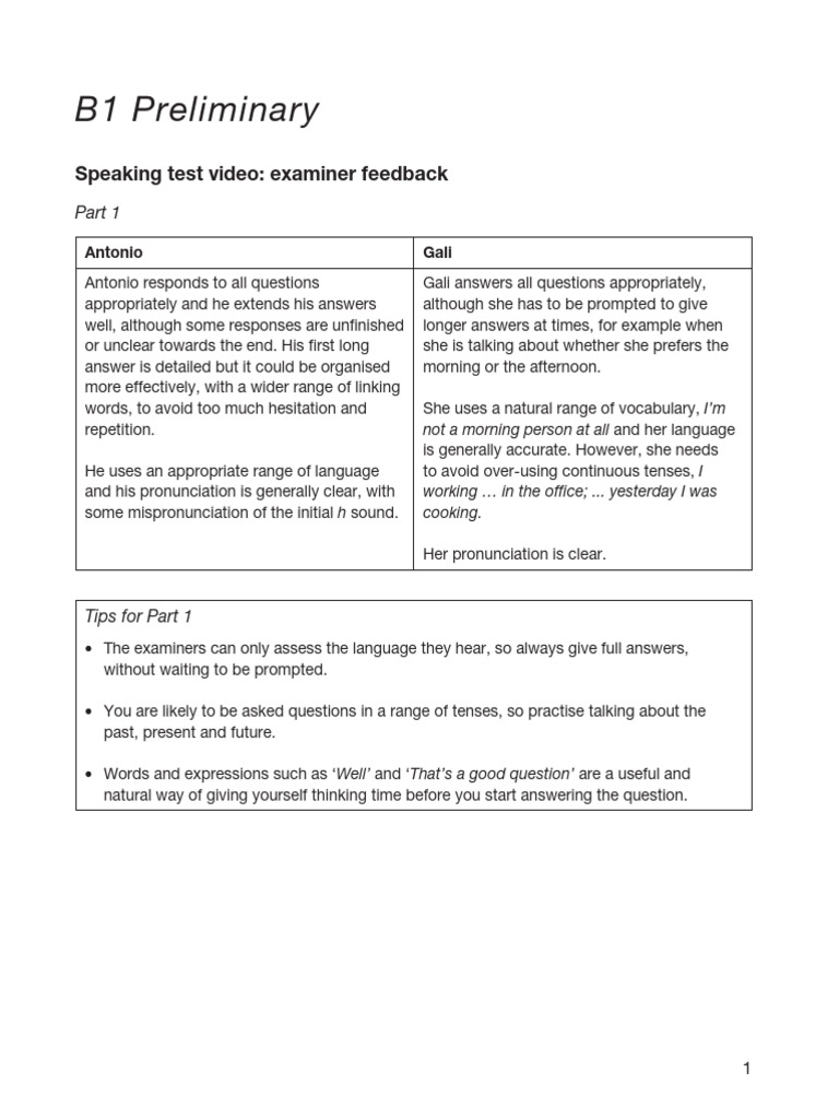 B1 Speaking Test: Examiner Feedback | PDF | Vocabulary | Communication