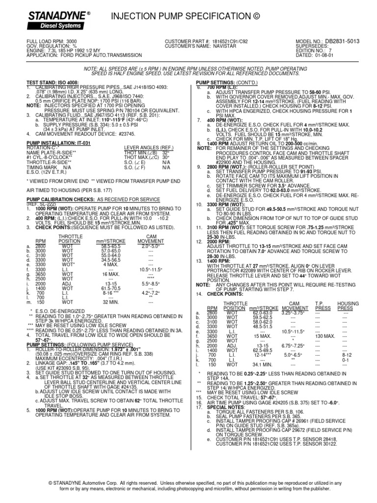 Injection Pump Specification © | PDF | Horsepower | Pump