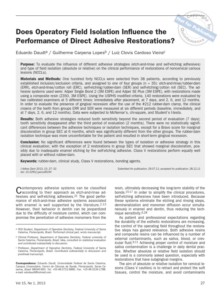 Field Isolation's Impact on Adhesive Restorations | PDF | Dental ...