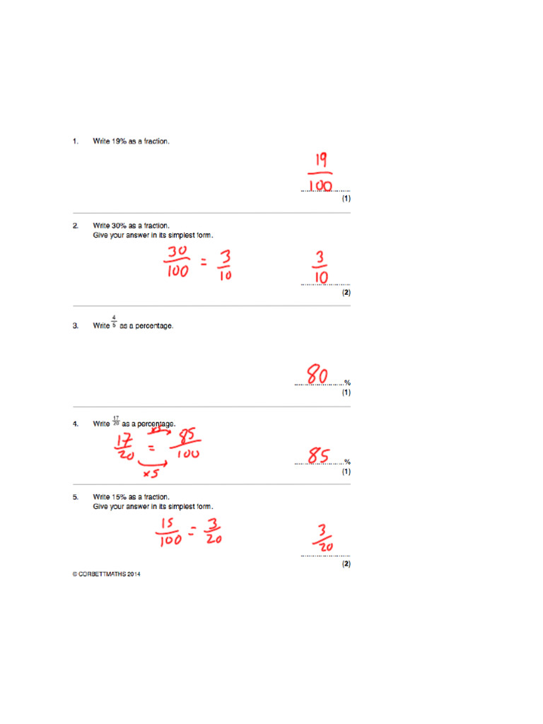 Fractions-Percentages Answers | PDF