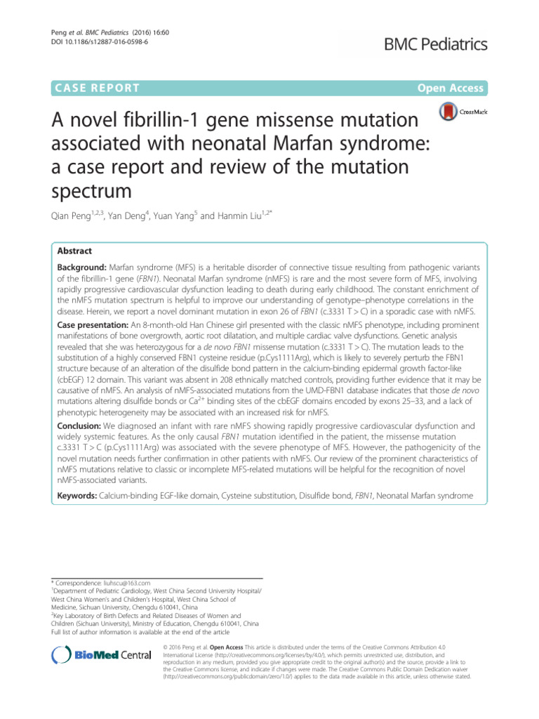 A Novel Fibrillin-1 Gene Missense Mutation Associated With Neonatal ...