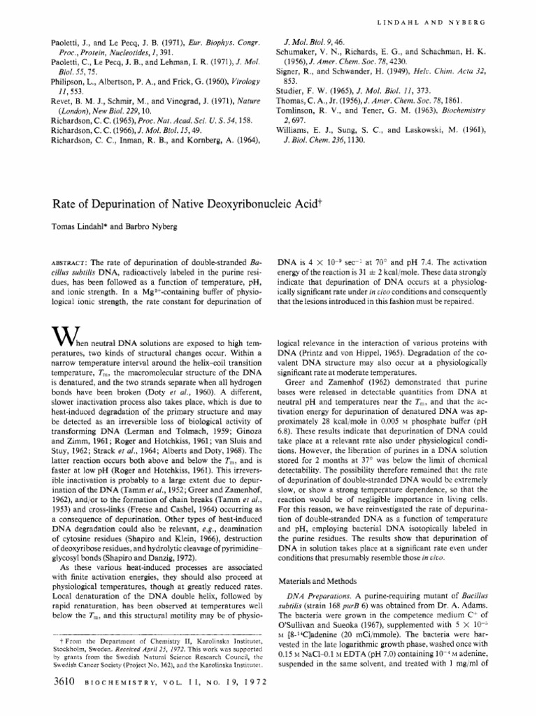 Equipo 1 Rate of Depurination 1972 | PDF | Dna | Ph