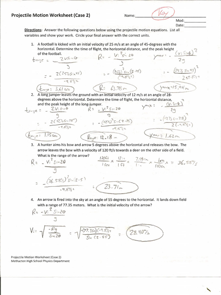 Projectile Motion Worksheet - Case 2 Answer Key | PDF Projectile Motion Worksheet - Case 2 Answer Key | PDF