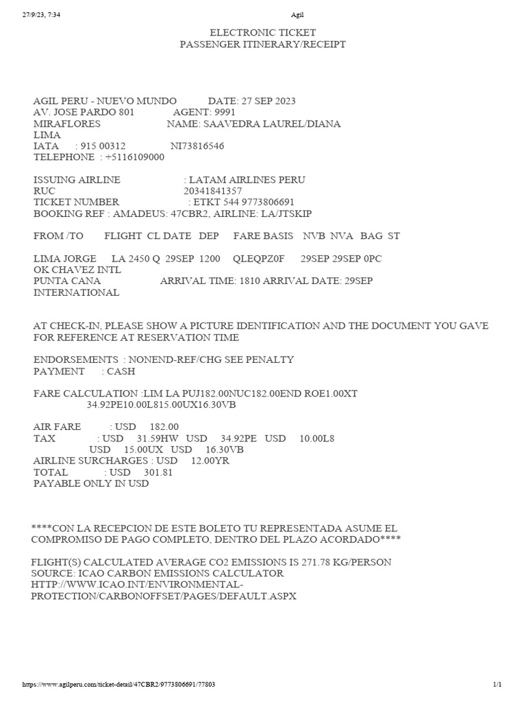 LATAM Flight Ticket for Diana Saavedra | PDF | Business