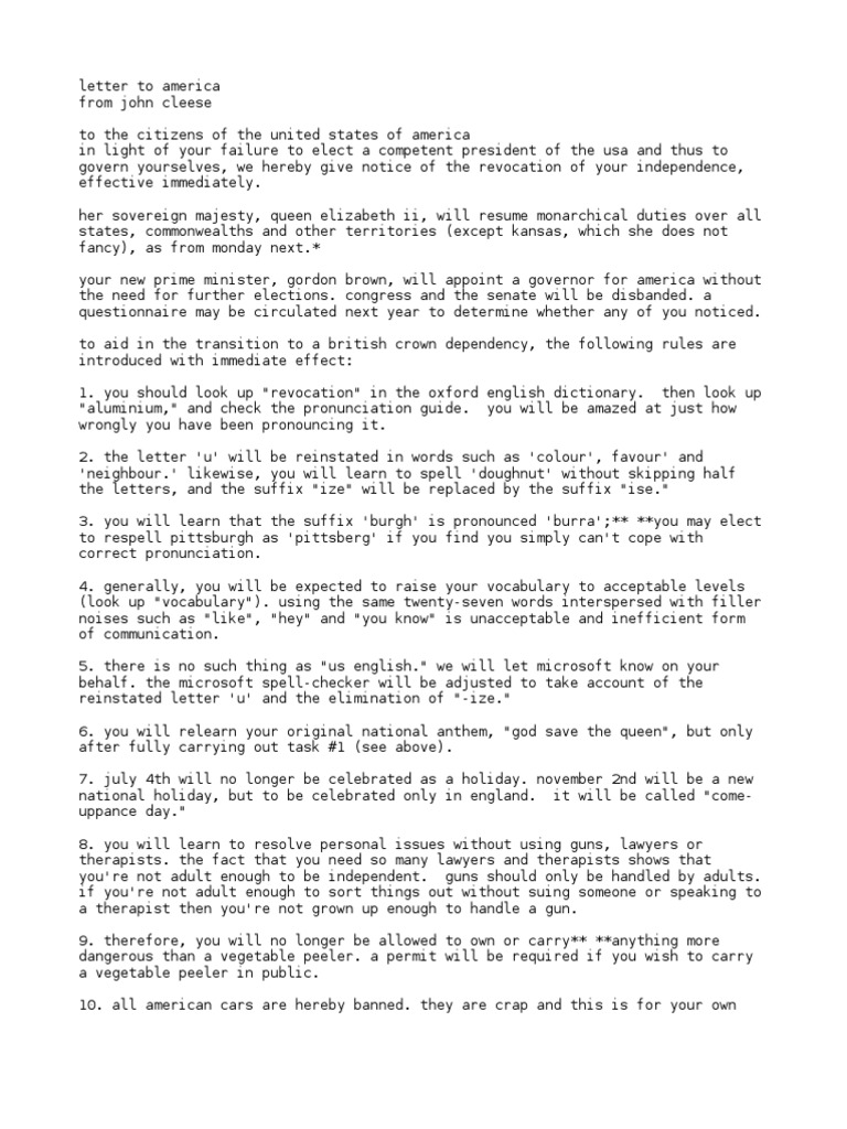 John Cleese's Letter to America | PDF | Potato Chip