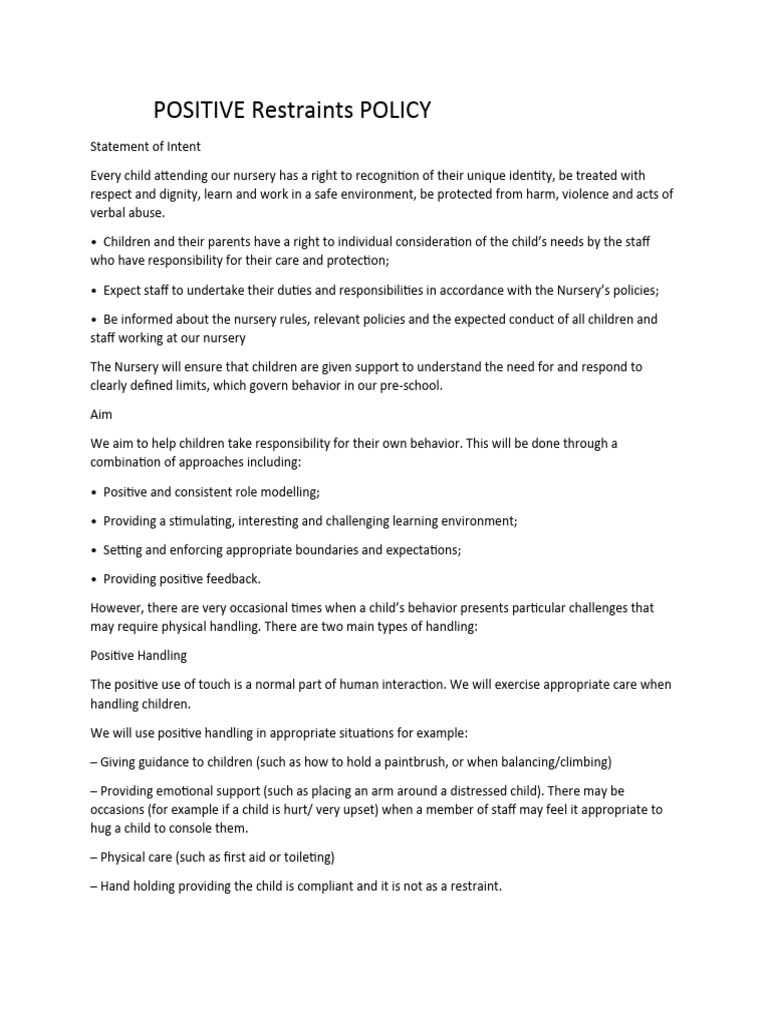 Positive Restraint Policy | PDF | Preschool | Psychological Concepts