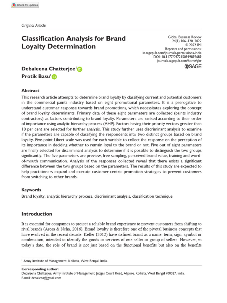 Chatterjee Basu 2020 Classification Analysis For Brand Loyalty Determination | PDF | Brand ...