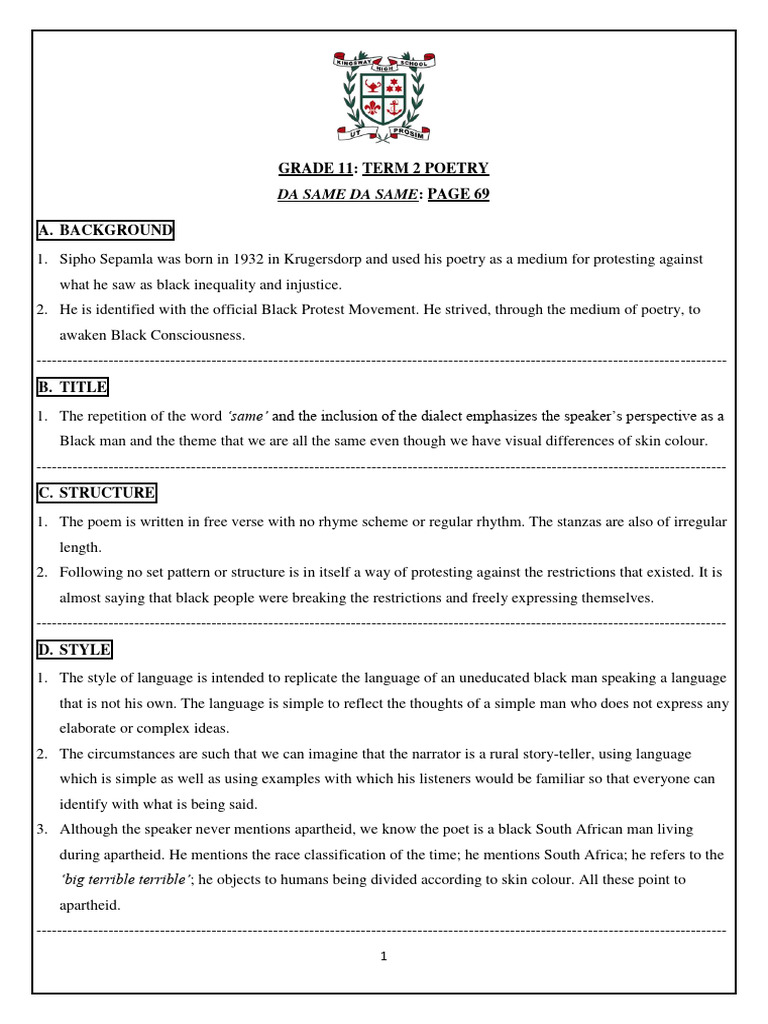 Grade 11 Da Same Da Same Notes | PDF