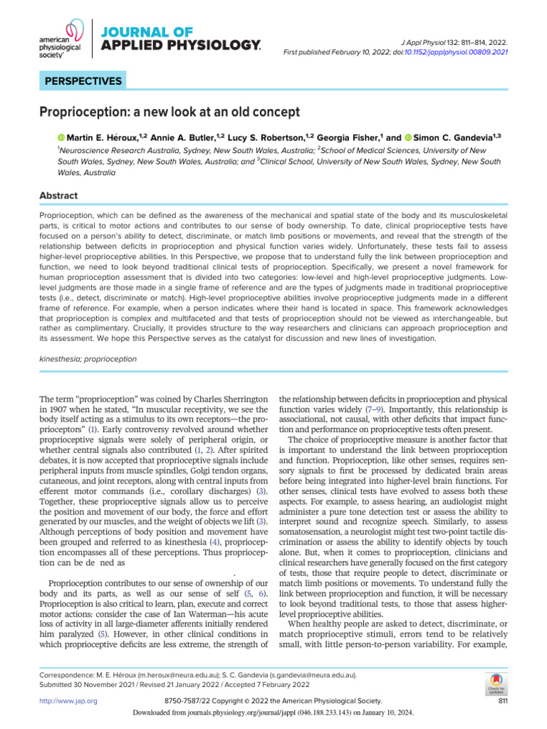 Proprioception - A New Look at An Old Concept | PDF | Physiology ...