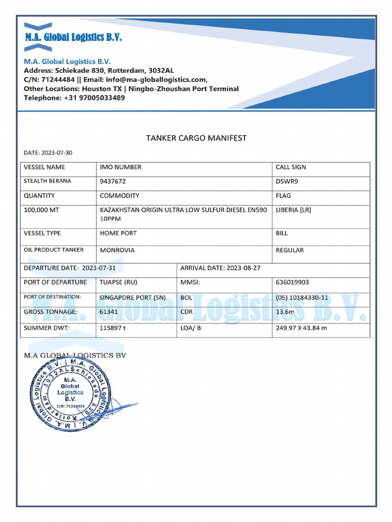 M - A - Global Logistics CARGO MANIFEST EN590 (STEALTH BERANA) | PDF