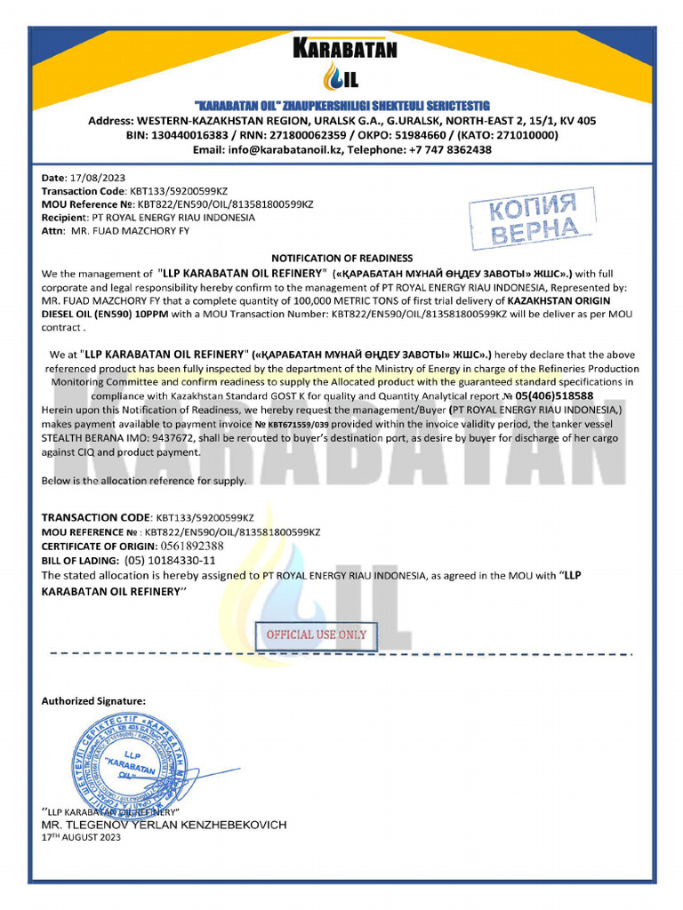 LLP Karabatan Oil Notice of Readiness For En590 PT Royal Energy | PDF